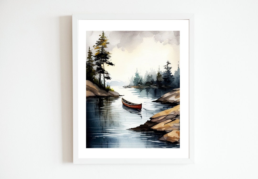 Red Canoe Art Print Watercolour River Painting Nature Lake Neutral Wall ...