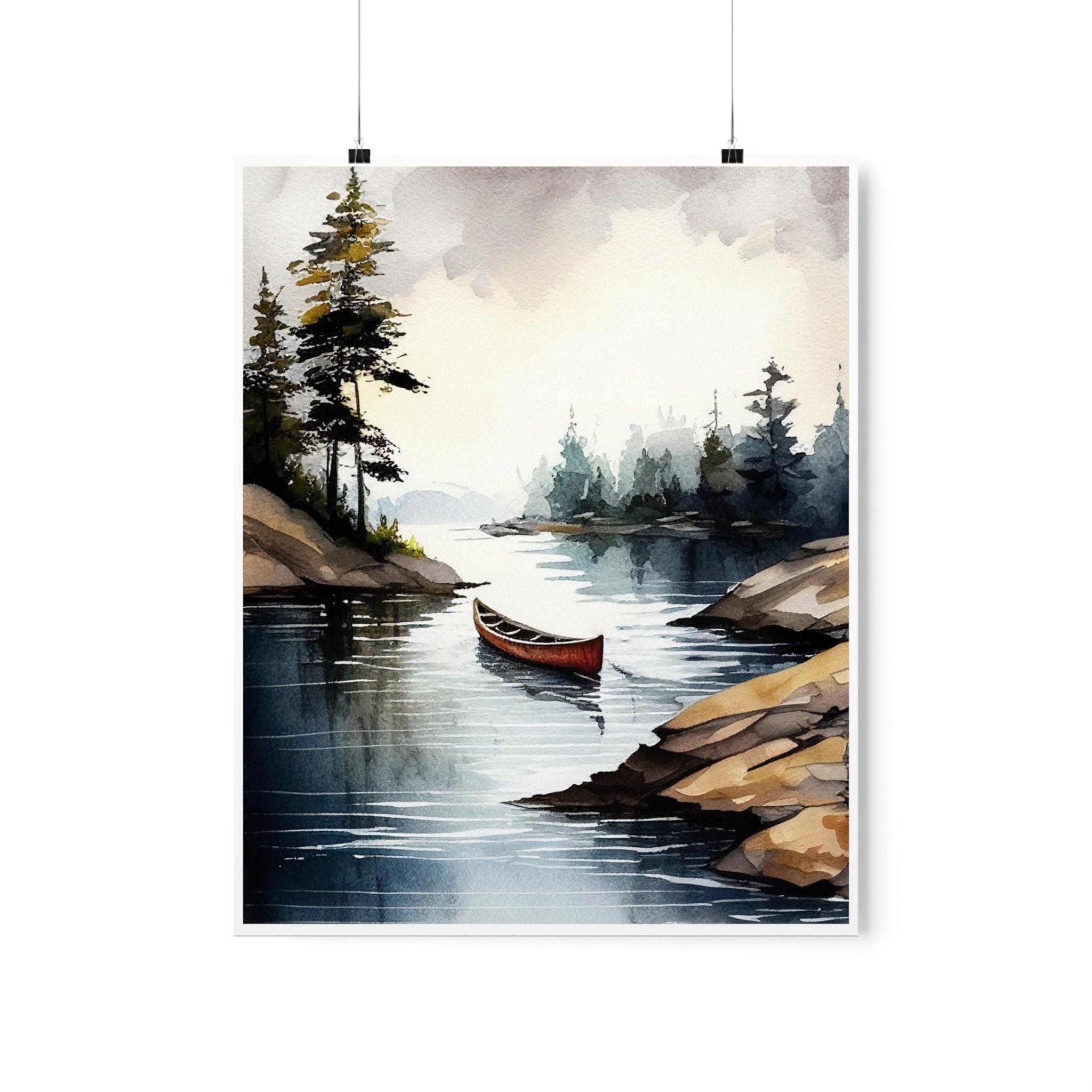 Red Canoe Art Print Watercolour River Painting Nature Lake Neutral Wall ...
