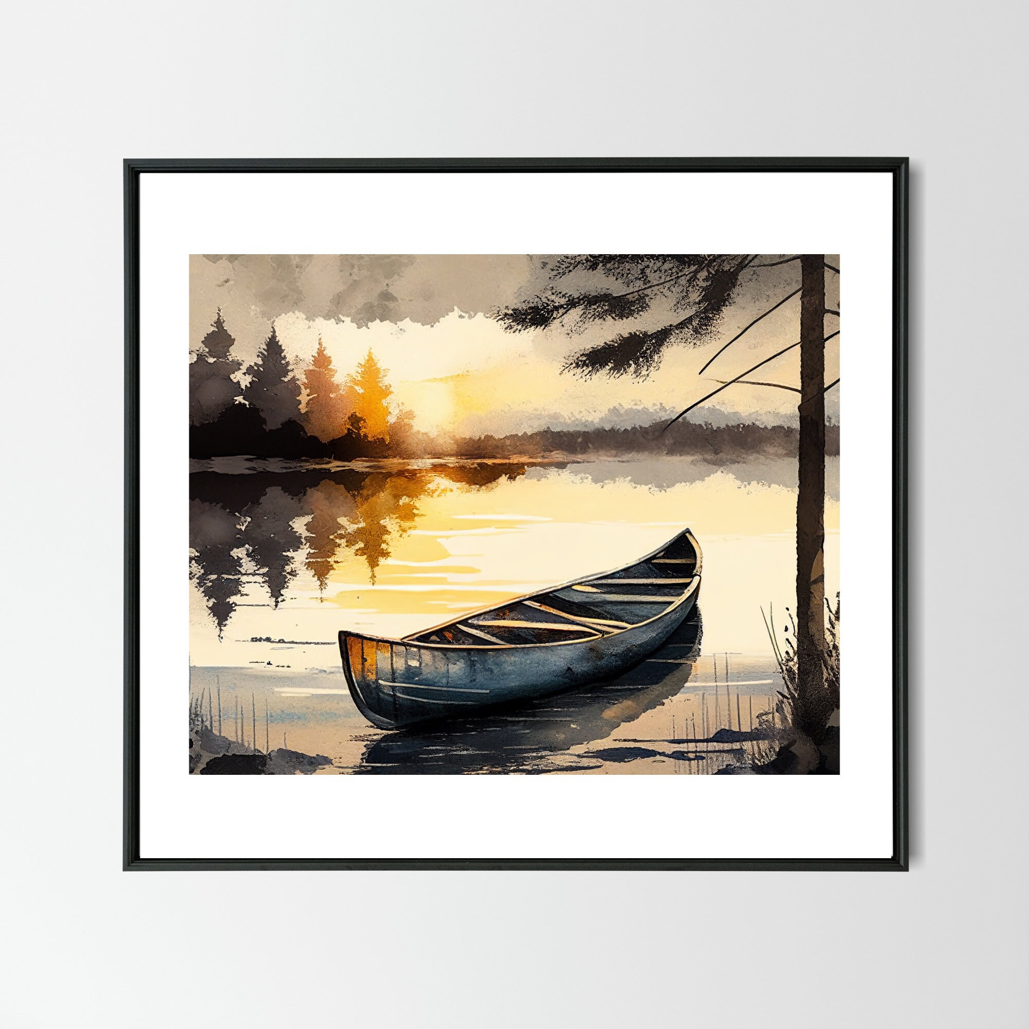 Set of 2 Sunset Canoe Art Prints Watercolour Lake Painting Neutral ...