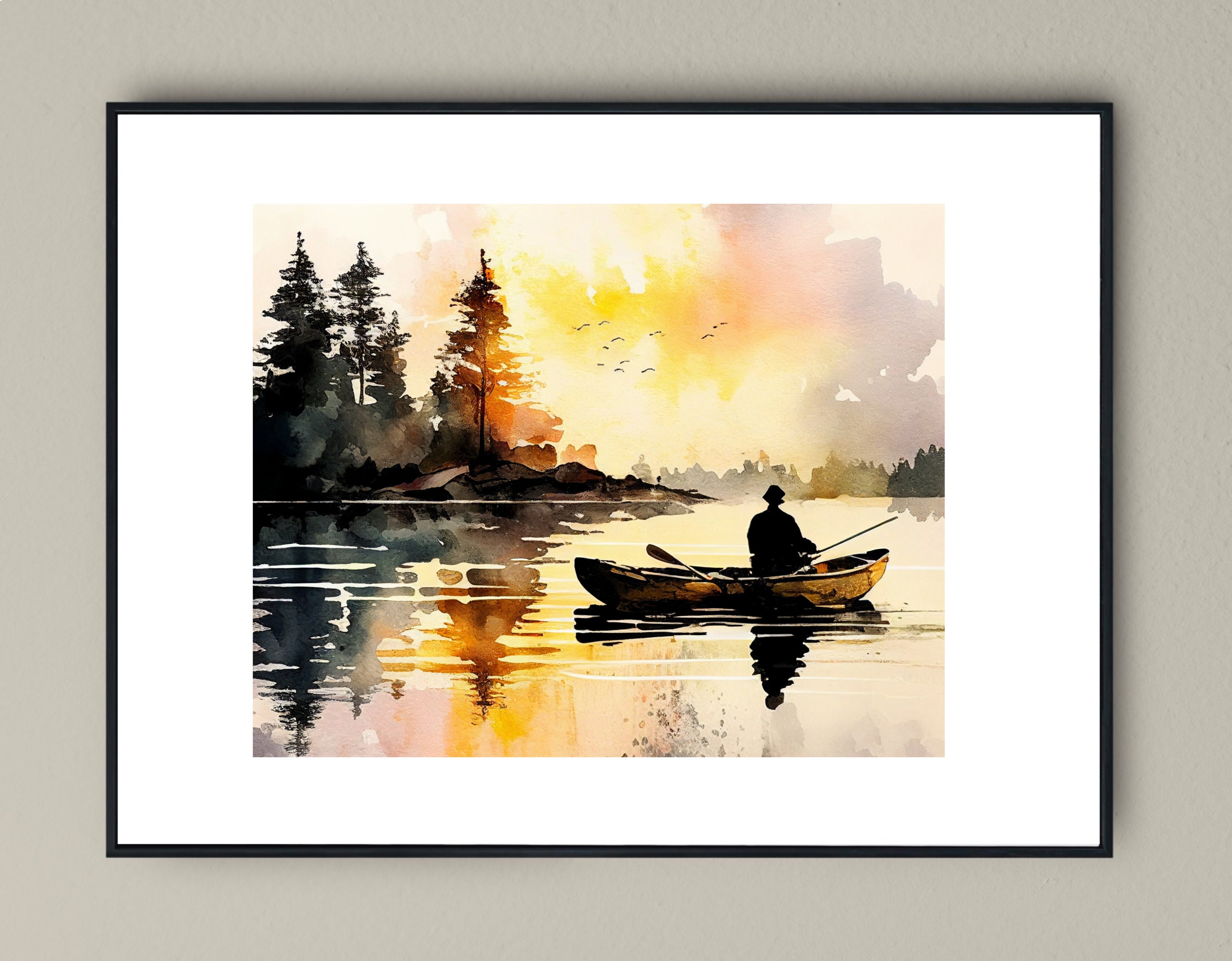 Set of 2 Sunset Canoe Art Prints Watercolour Lake Painting Neutral ...