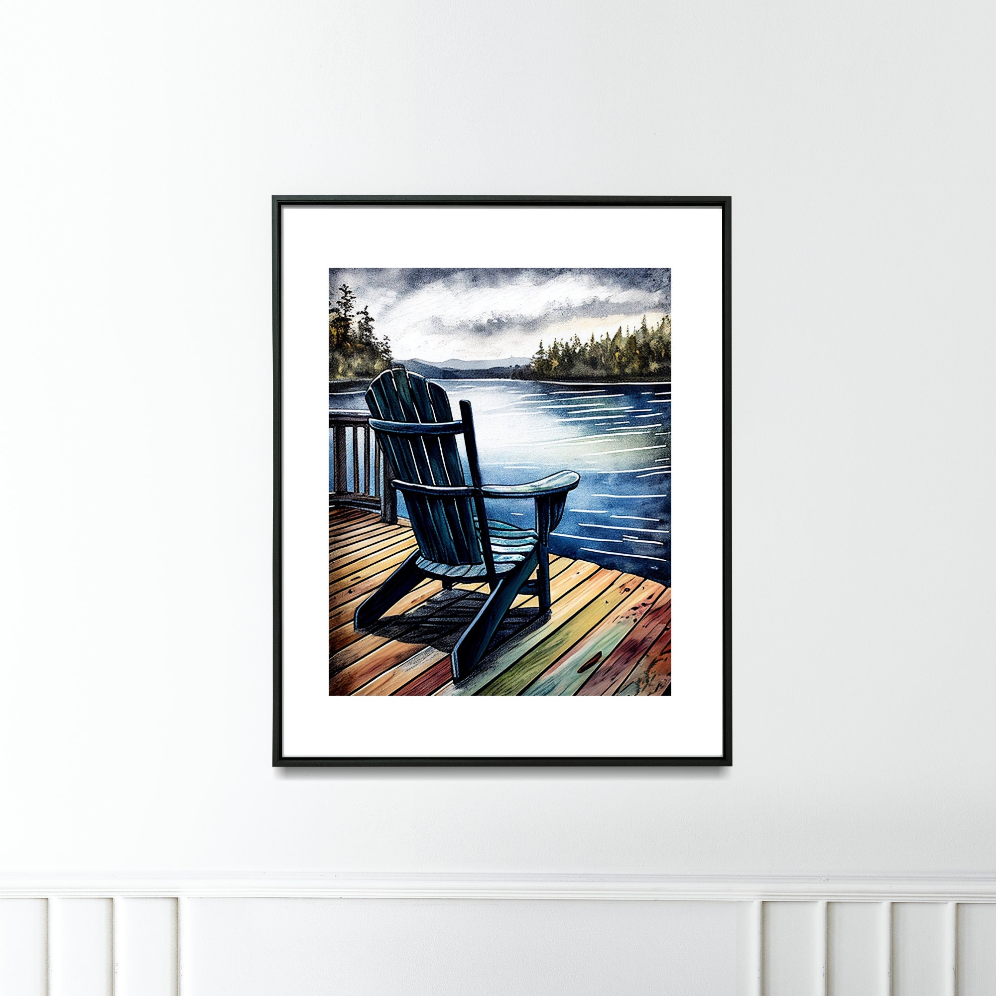 The Lookout Art Print Watercolour Lake Adirondack Painting Neutral ...