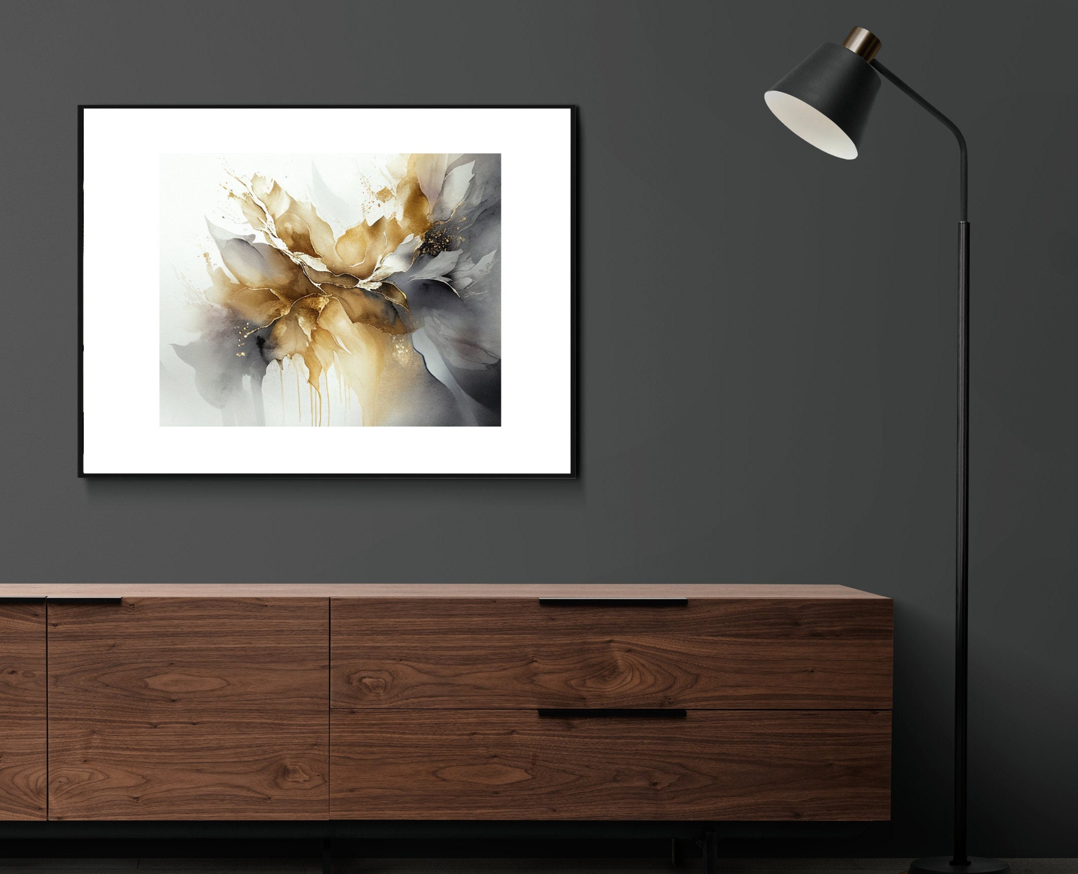 Fire and Smoke Art Print Metallic Watercolour Abstract Gold Silver Gray ...