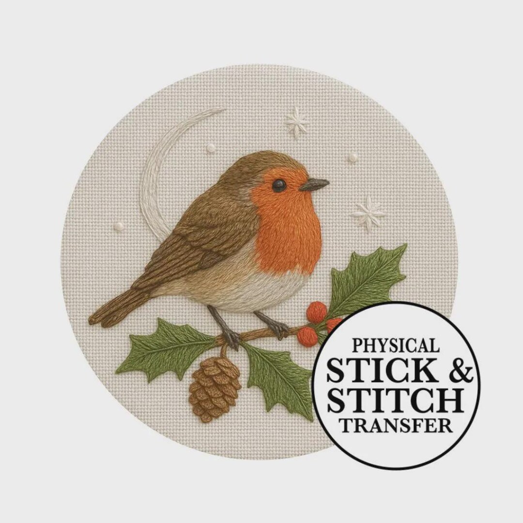 Robin Hand Embroidery Stick and Stitch Transfer: Winter Bird & Holly ...