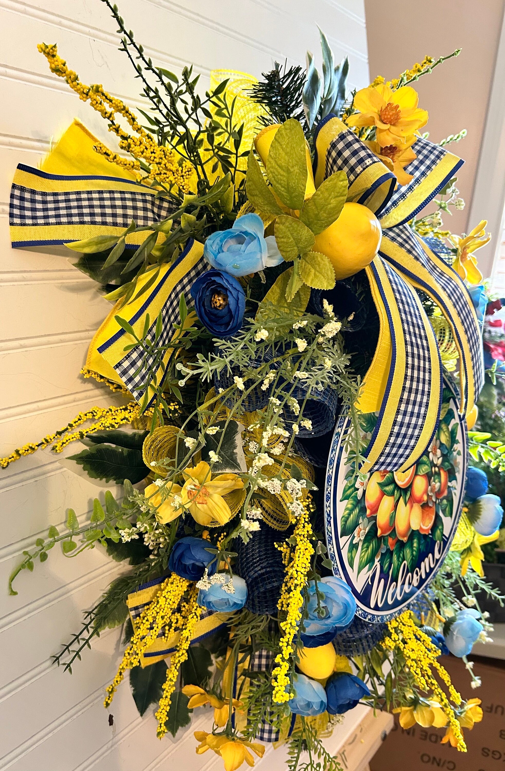 Vibrant Floral Swag, Yellow and Blue Decor, Seasonal Door Decor, Lemon ...