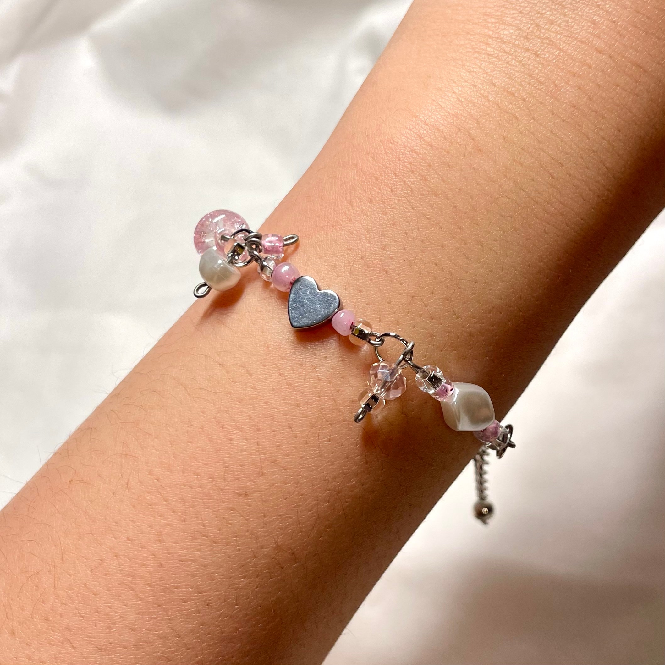 Y2K Pink and Silver Beaded Chain Charm Bracelet hand-made - Etsy