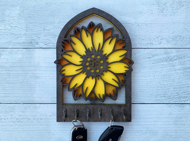 Daisy & Sunflower Wood Key Hanger, Handcrafted Flower Design, Key ...