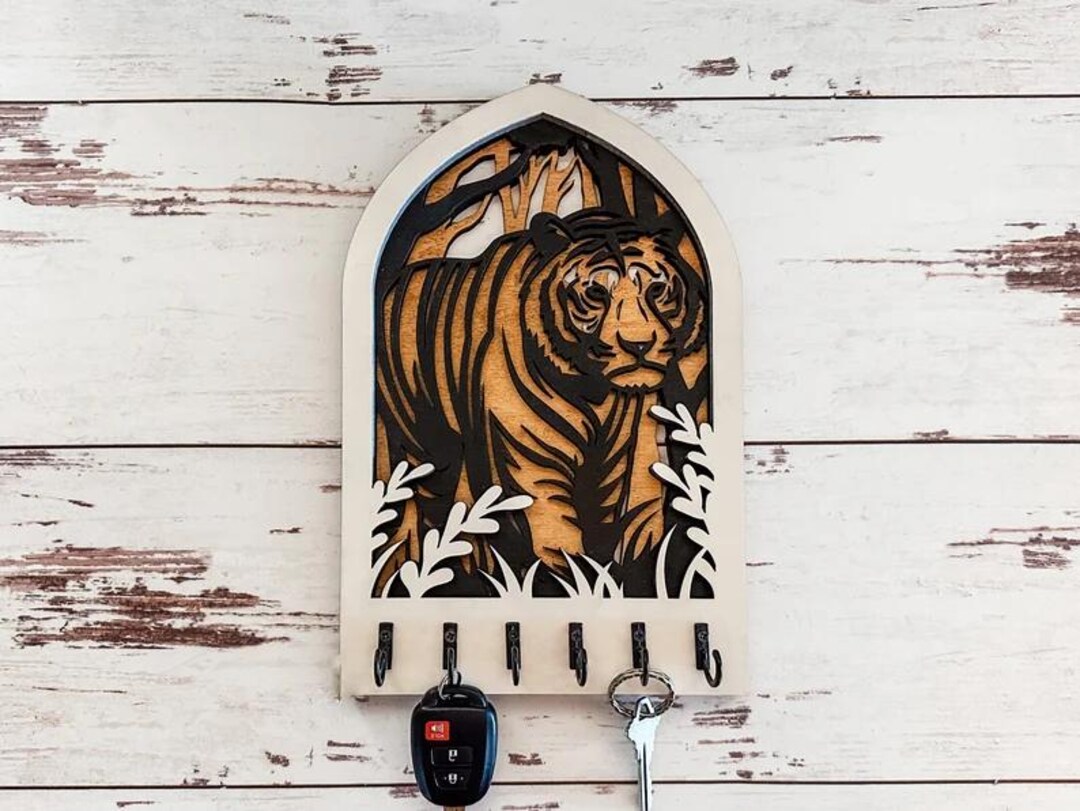 Tiger Arch Key Hanger | Wild Animal Wall Decor | Wooden Key Rack With ...