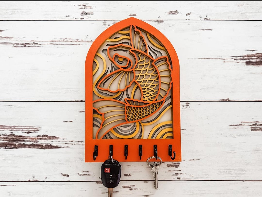 Koi Fish Wooden Key Holder, Handcrafted Decorative Wall Hanger for ...