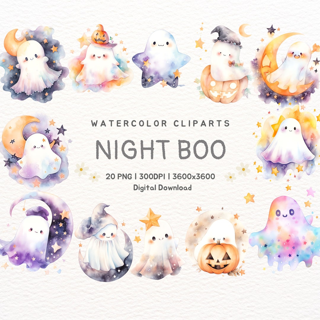 Cute Ghost PNG Watercolor Clipart Boo Adorable Bundle Transparent ...