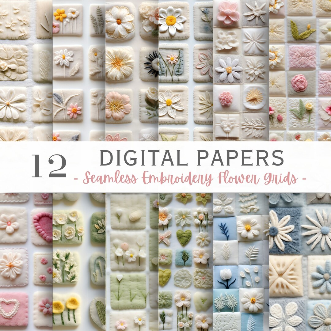 Seamless Embroidery Felt Floral Grids Digital Paper Seamless Squared ...