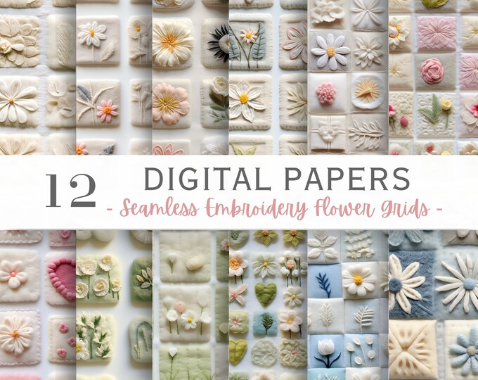 Seamless Embroidery Felt Floral Grids Digital Paper Seamless Squared ...