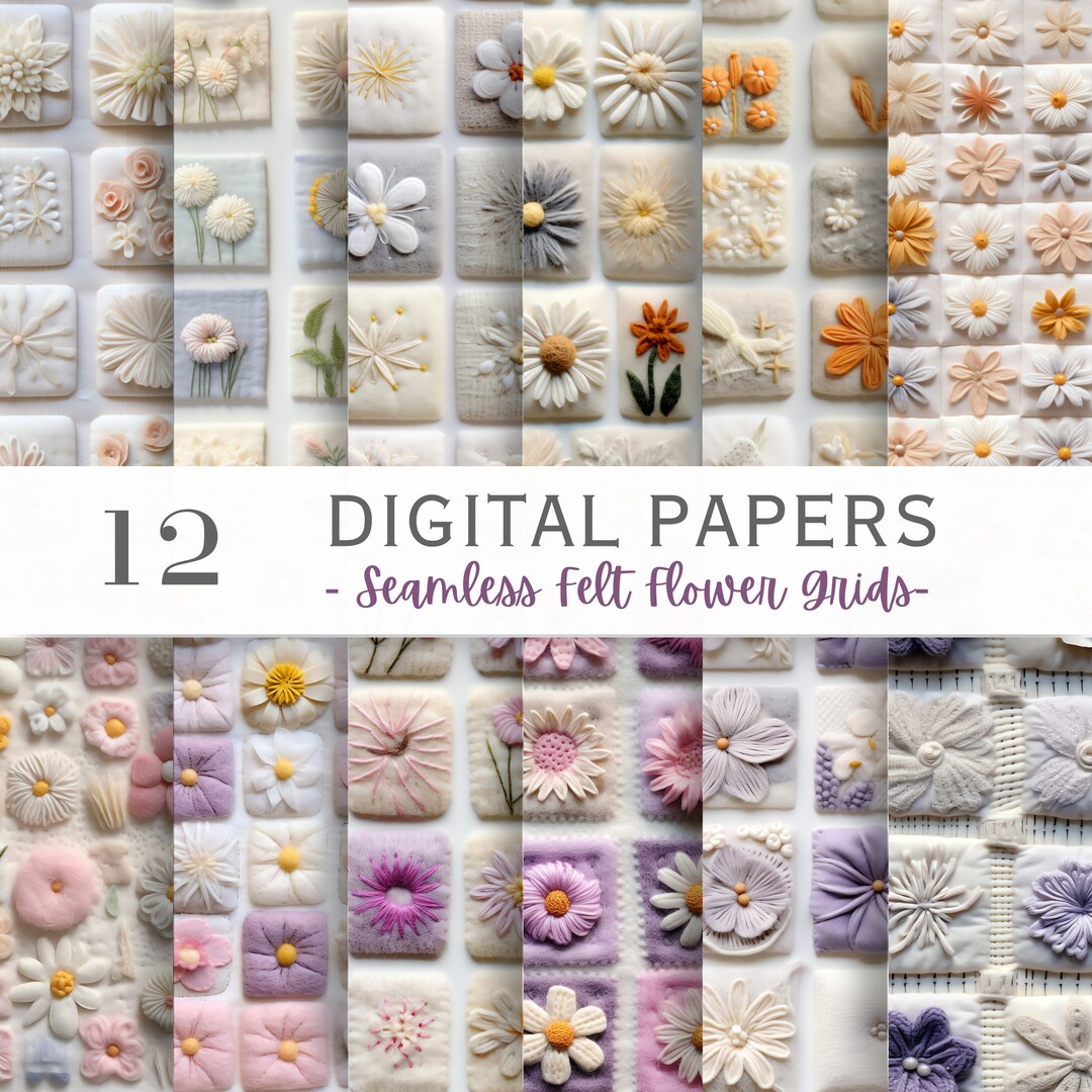 Seamless Floral Embroidery Felt Flower Grids Digital Paper Seamless ...