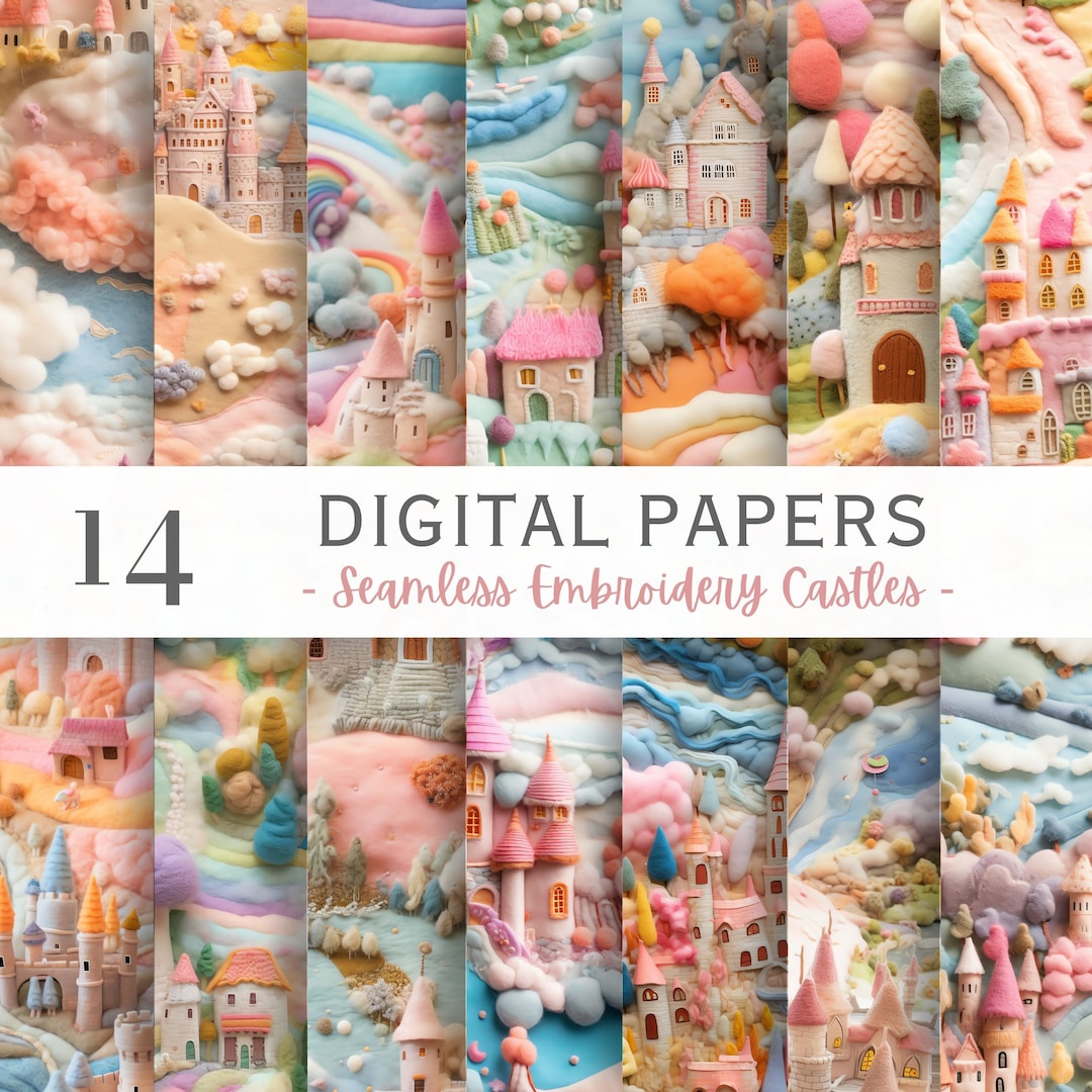 Seamless Castle Embroidery Felt Princess Castles Digital Paper Seamless ...