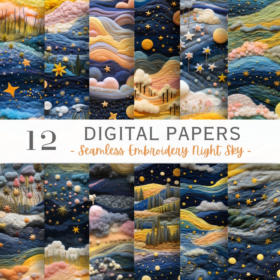 Seamless Starry Night Embroidery Felt Sky Digital Paper Seamless Van ...