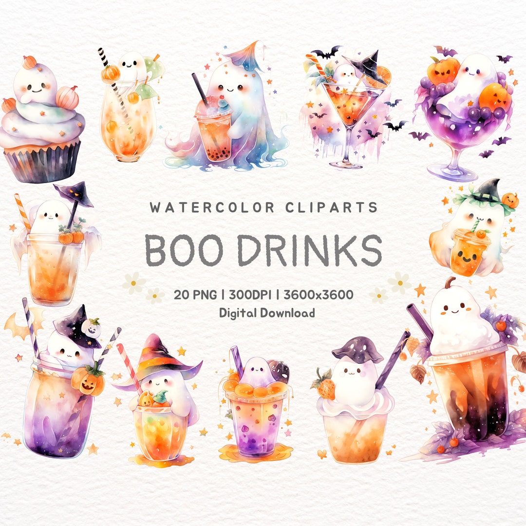 Boo Drinks PNG Watercolor Ghost Boba Drink Cliparts Adorable Ghost ...