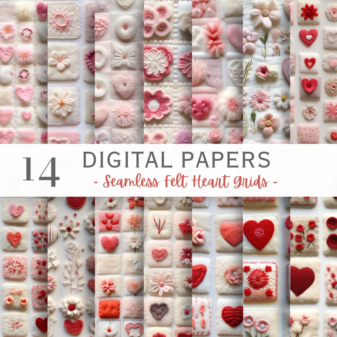 Seamless Valentine Embroidery Felt Hearts Digital Paper Seamless Love ...