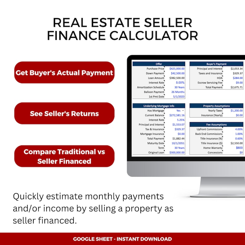 Real Estate Seller Financing Calculator - Etsy