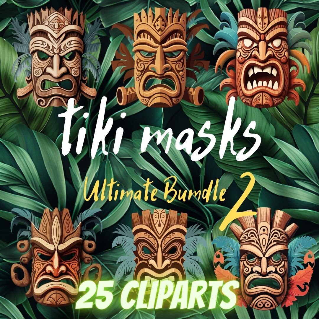 Tiki Masks 25 Cliparts Polynesian Island Wooden Carvings Art ...