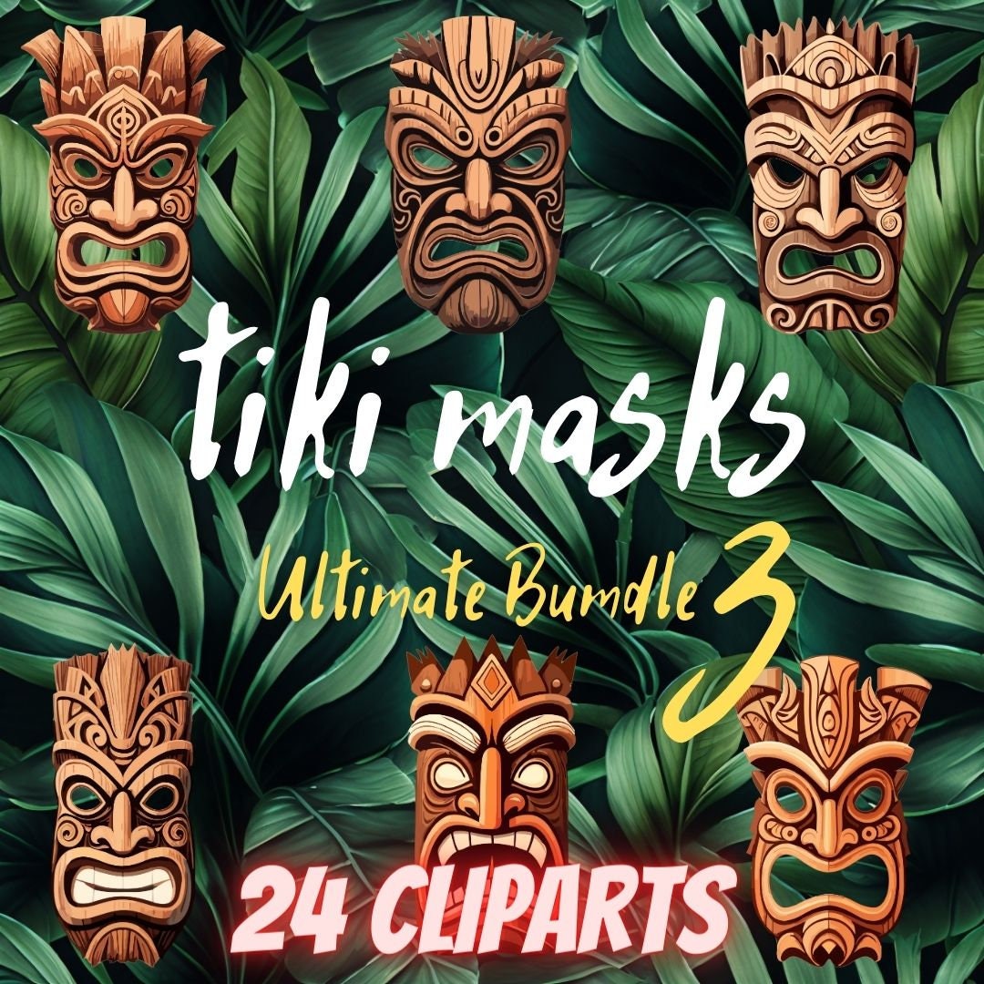 Tiki Masks 24 Cliparts Polynesian Island Wooden Carvings Art ...