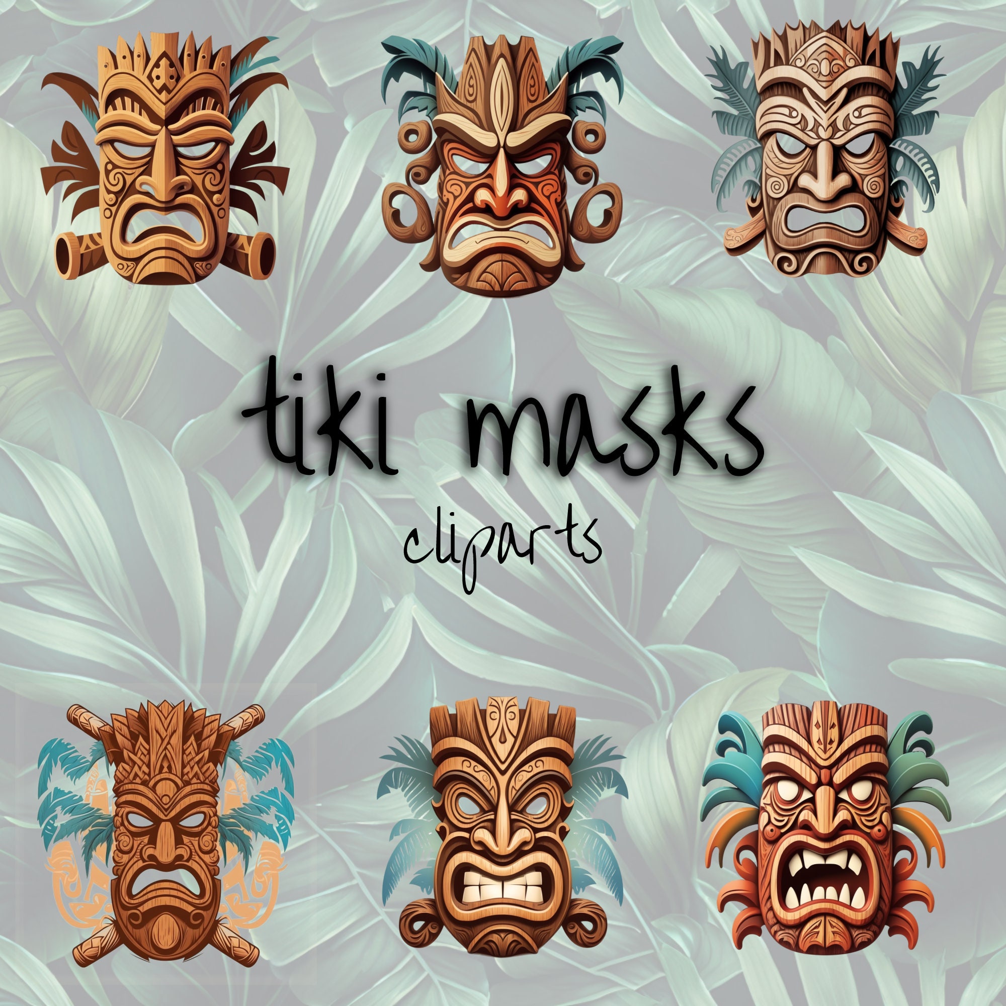 Tiki Masks Cliparts Polynesian Island Wooden Carvings Art, Commercial ...