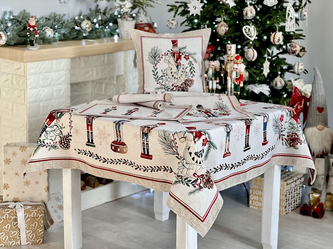 Tapestry Christmas Tablecloth nutcracker. Christmas Table Linens ...