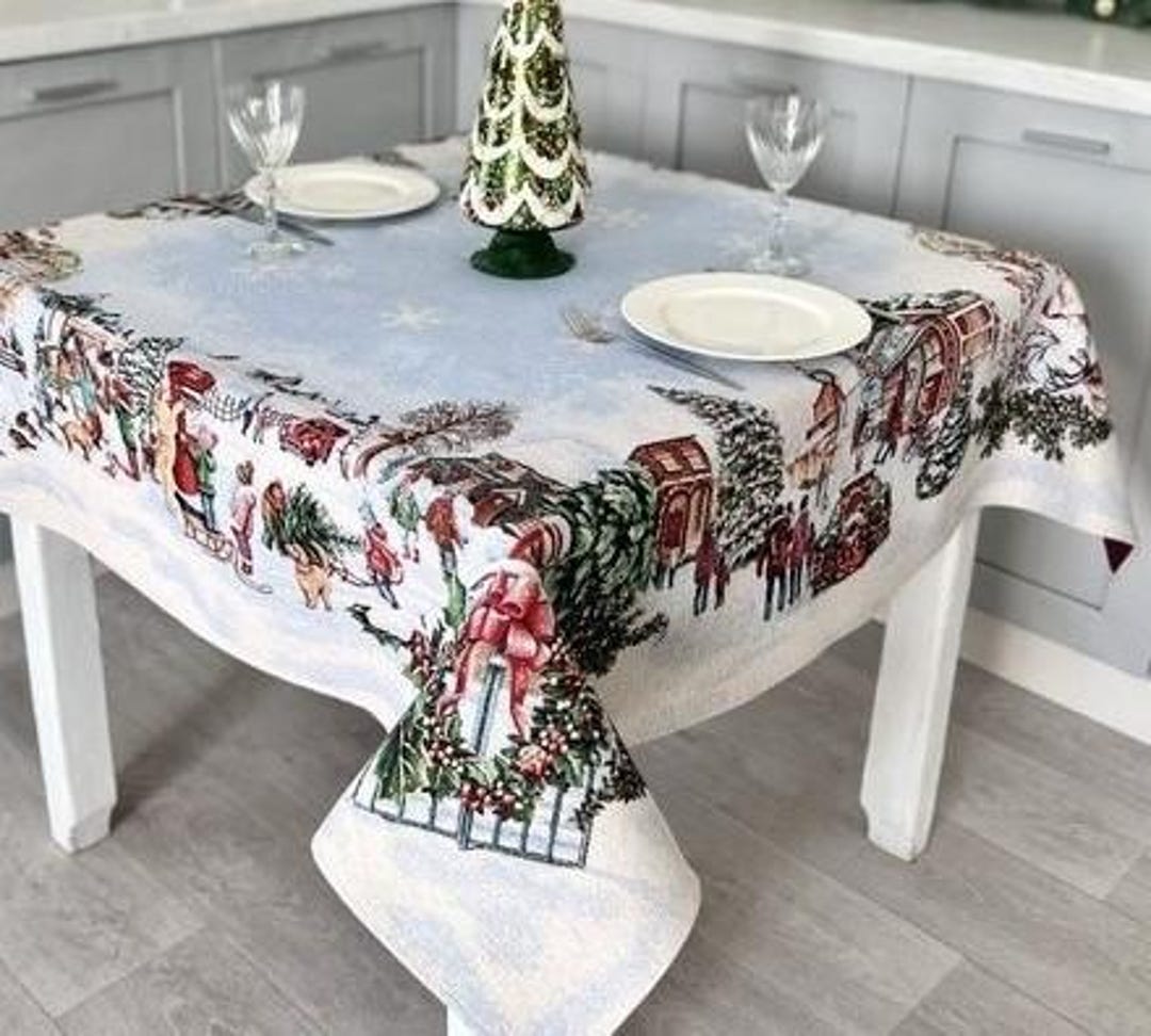 Tapestry Christmas Tablecloth "snowy Village". Christmas Table Linens ...