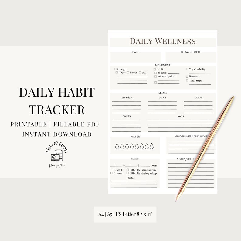 Habit Tracker Printable, Daily Wellness Tracker, Classic Design ...