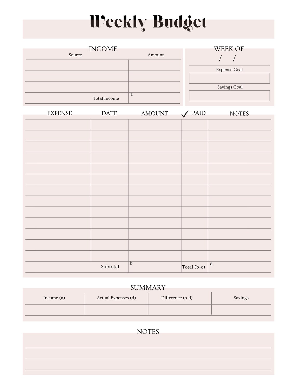 Weekly Budget Planner Printable, Bill Tracker, Blush Classic Design ...