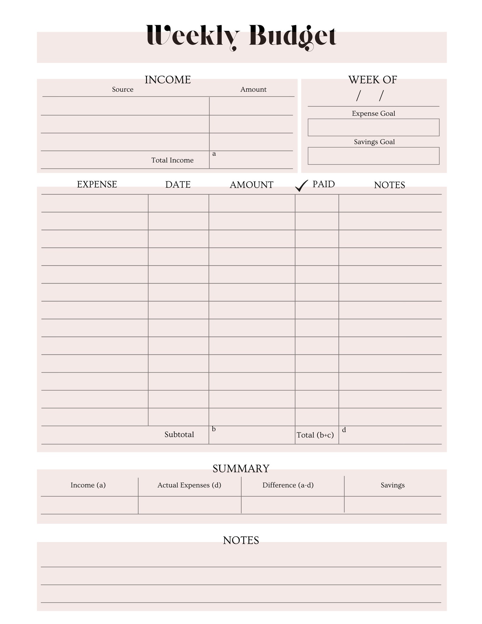 Weekly Budget Planner Printable, Bill Tracker, Blush Classic Design ...
