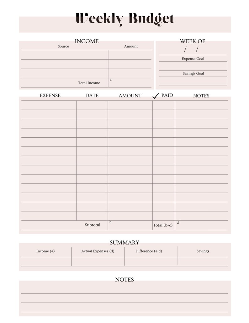 Weekly Budget Planner Printable, Bill Tracker, Blush Classic Design ...