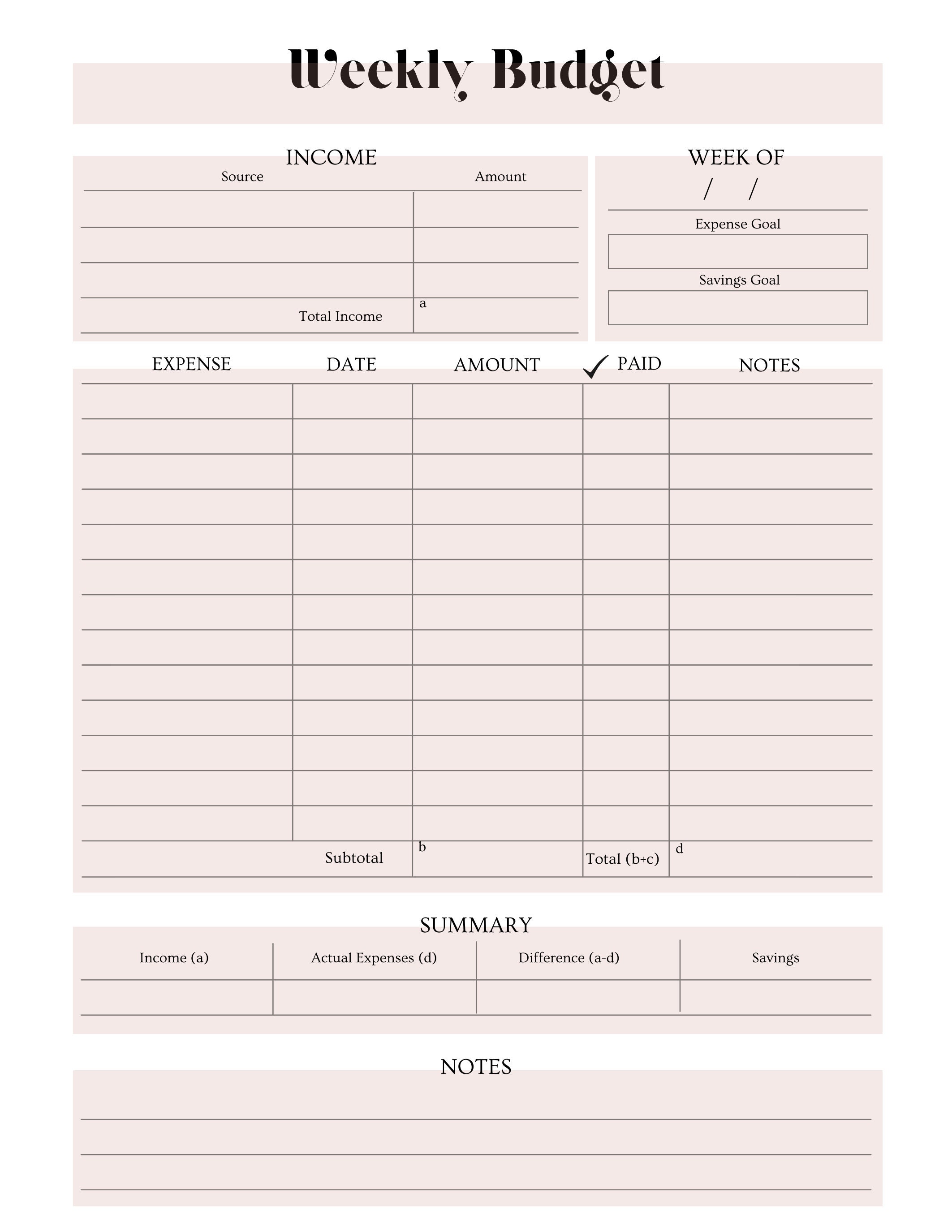 Weekly Budget Planner Printable, Bill Tracker, Blush Classic Design ...