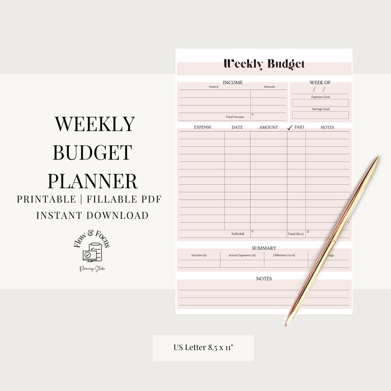 Weekly Budget Planner Printable, Bill Tracker, Blush Classic Design ...