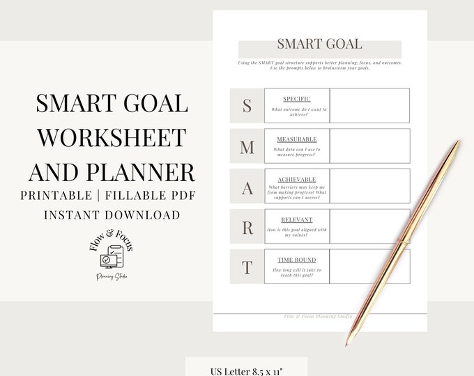 SMART Goal Printable Checklist and Worksheet - Goal Planner, Therapy ...