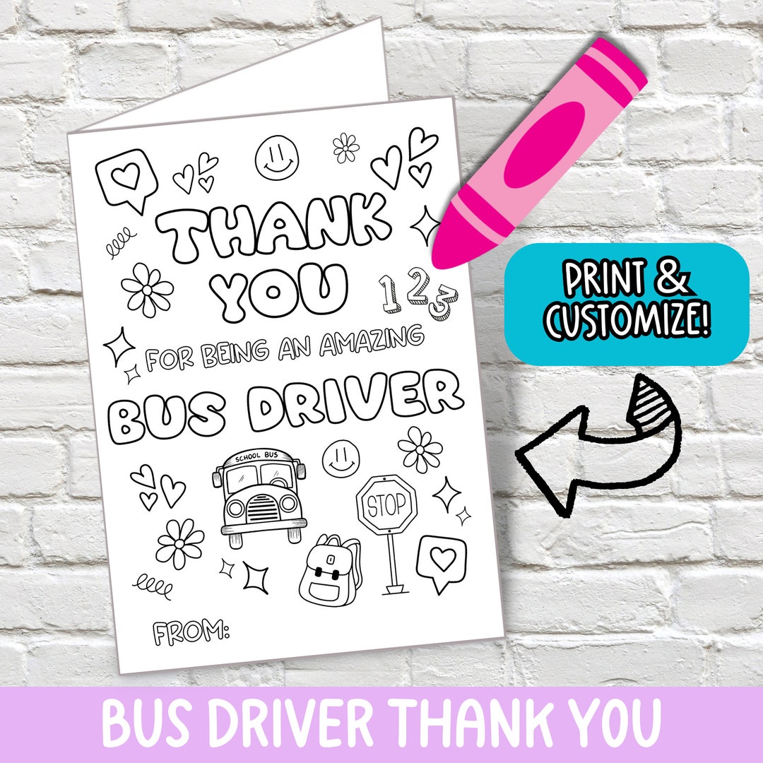 Printable Thank You Card | Coloring Thank You Card | Bus Driver ...