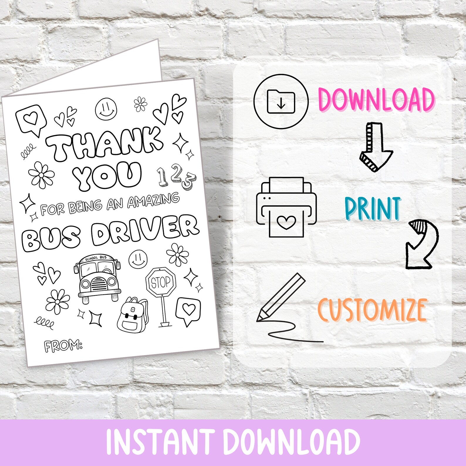 Printable Thank You Card | Coloring Thank You Card | Bus Driver ...