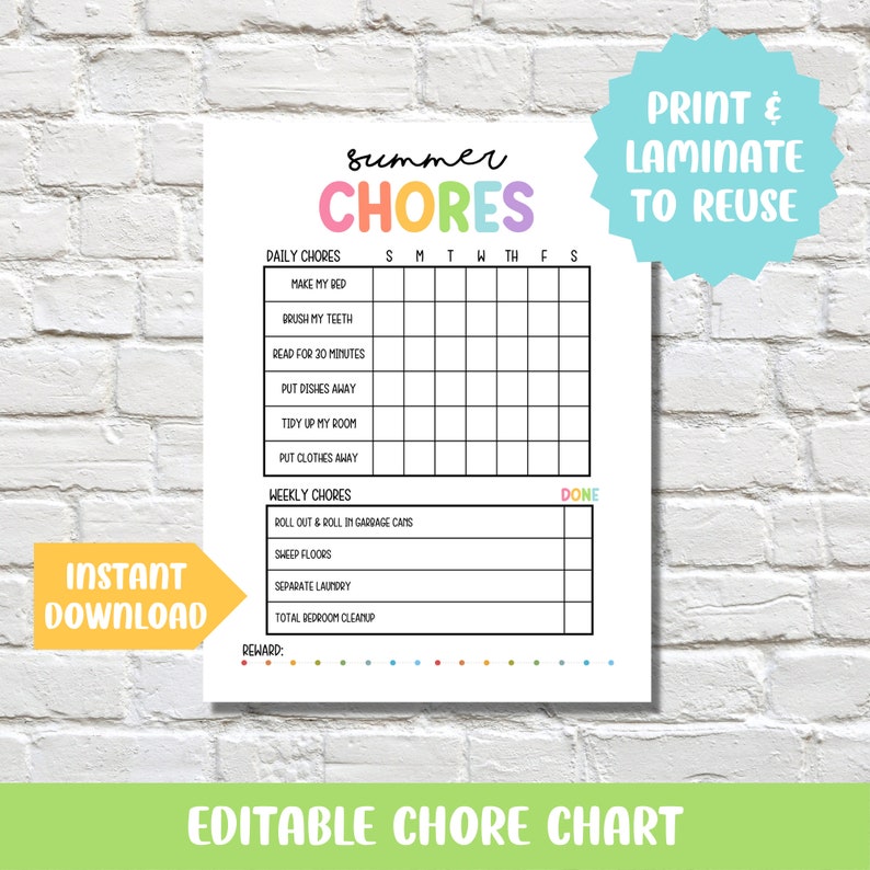 Printable Chore Chart, Summer Chore Chart, Kids Reward Chart, Editable ...