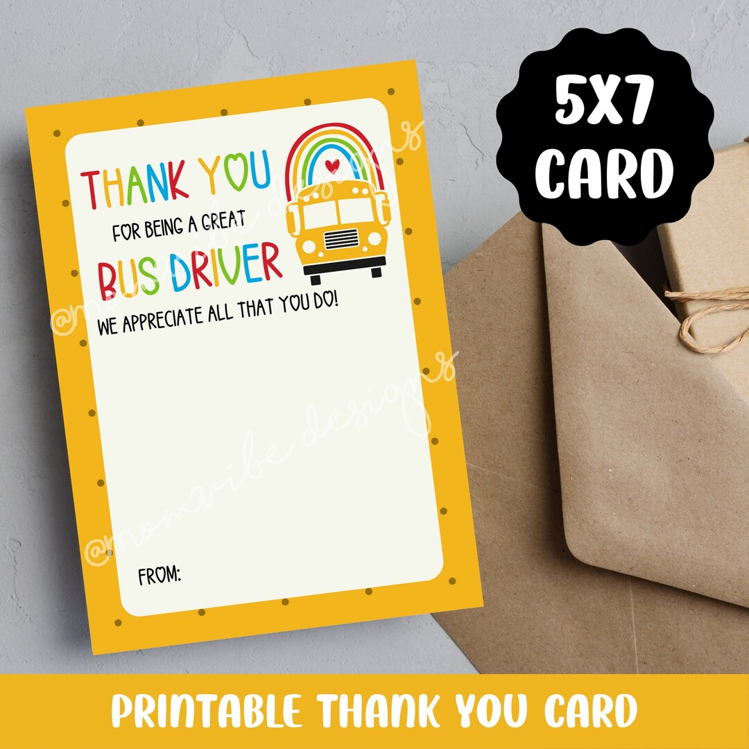 Printable Thank You Card | Bus Driver Thank You Card | Bus Driver Gift ...