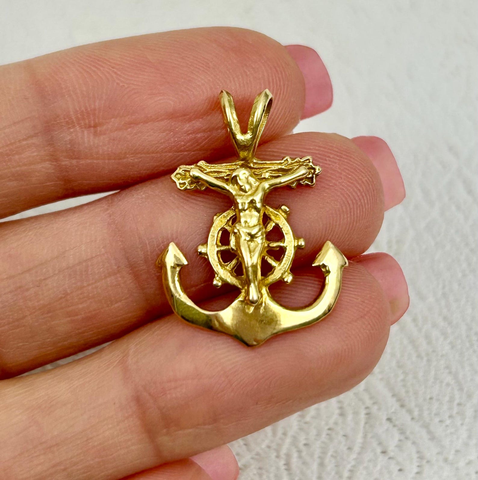 Vintage 750 18K Solid Gold Jesus Crucifix Anchor Mariner Cross Charm ...