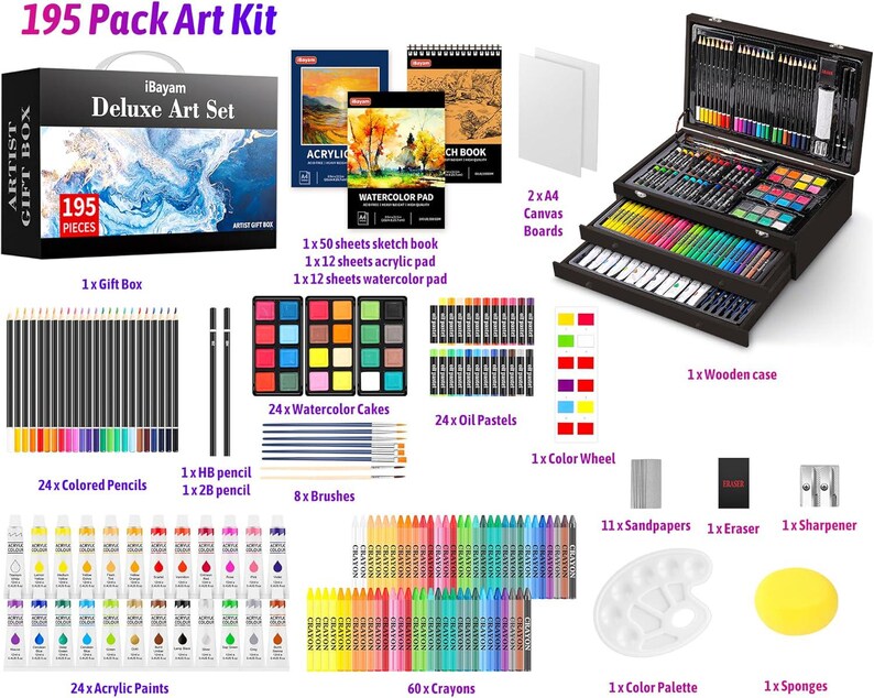 Wooden Deluxe Art Set,195-pack Artist Gift Box, Arts and Crafts Drawing ...