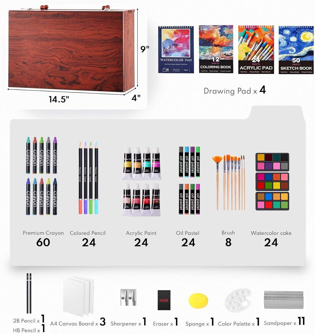 194 PCS Deluxe Art Kit Set With Drawing Pads Wooden Case – Painting ...