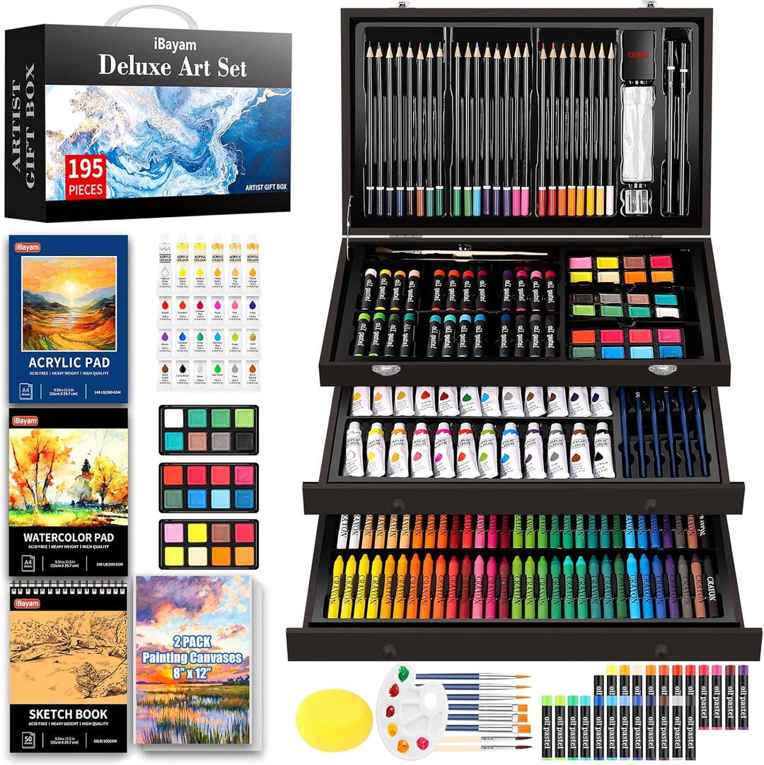 Wooden Deluxe Art Set,195-pack Artist Gift Box, Arts and Crafts Drawing ...