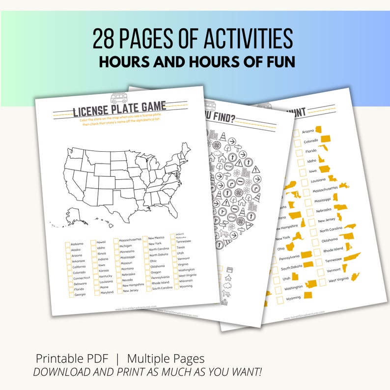 Family Road Trip, Games Printable, Road Trip Activities for Kids, USA ...