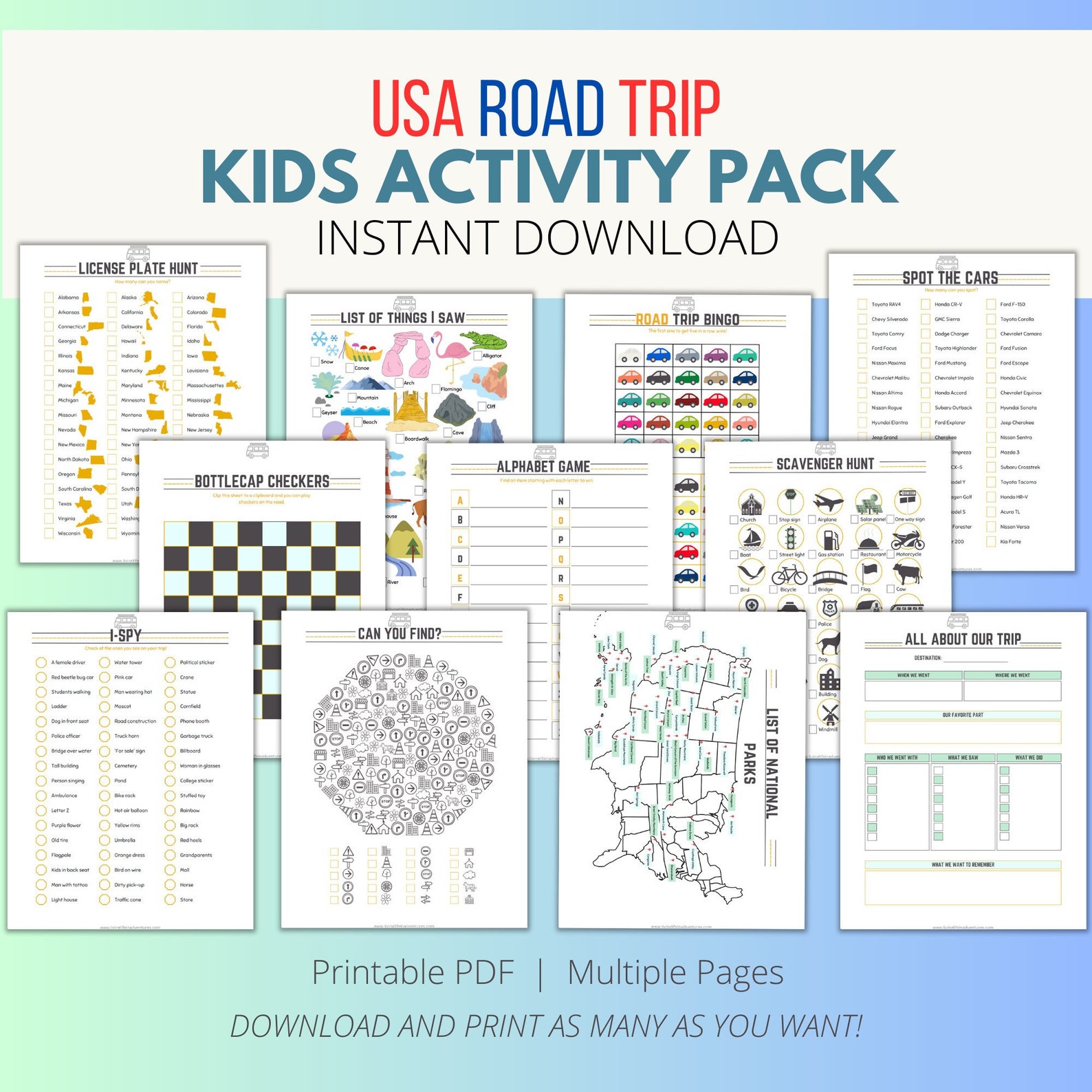 Family Road Trip, Games Printable, Road Trip Activities for Kids, USA ...