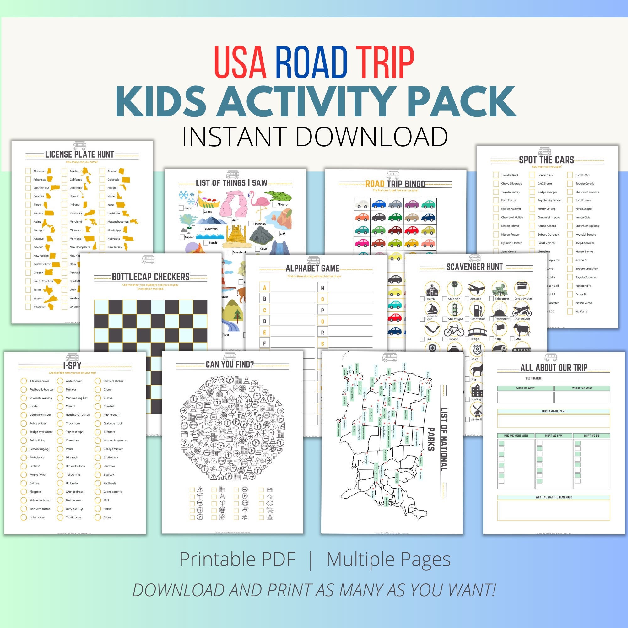 Family Road Trip, Games Printable, Road Trip Activities for Kids, USA ...