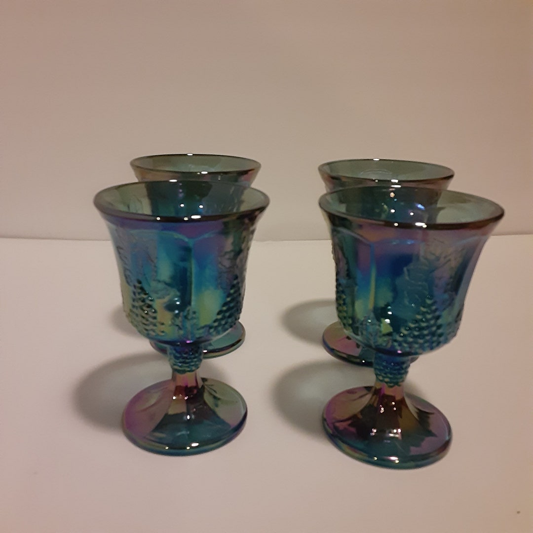 Vintage Dark Blue Carnival Glass Goblets, Harvest Grape Pattern, Set of ...