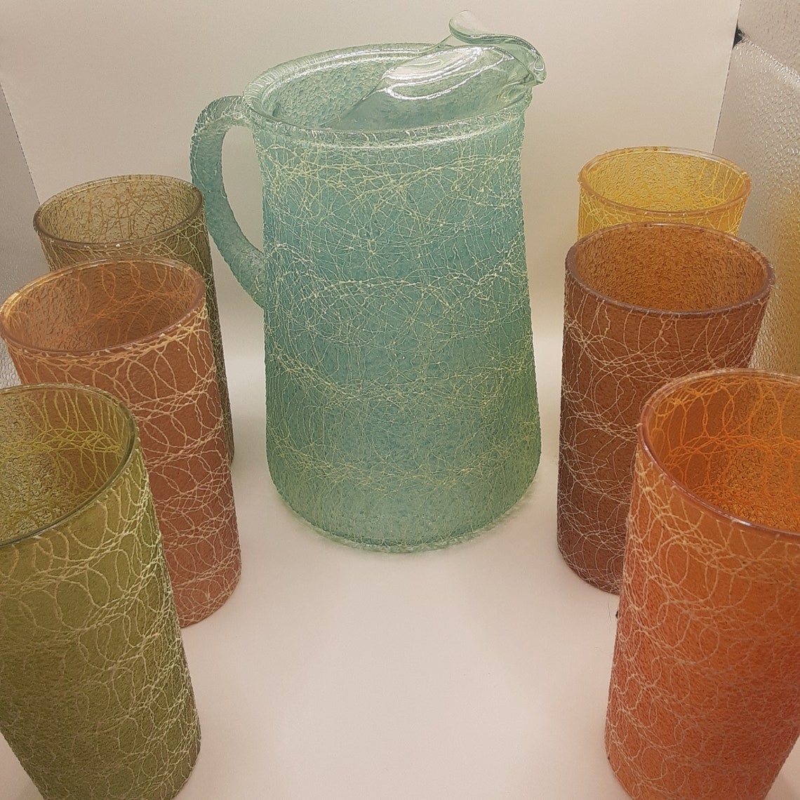 Vintage Color Craft Spaghetti String Pitcher and 8 Glasses - Etsy