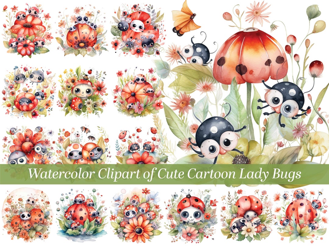 Watercolor Clip Art of Extremely Cute Cartoon Style Ladybugs Playing ...