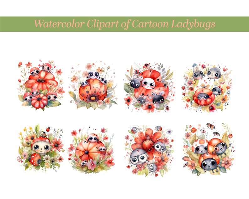 Watercolor Clip Art of Extremely Cute Cartoon Style Ladybugs Playing ...