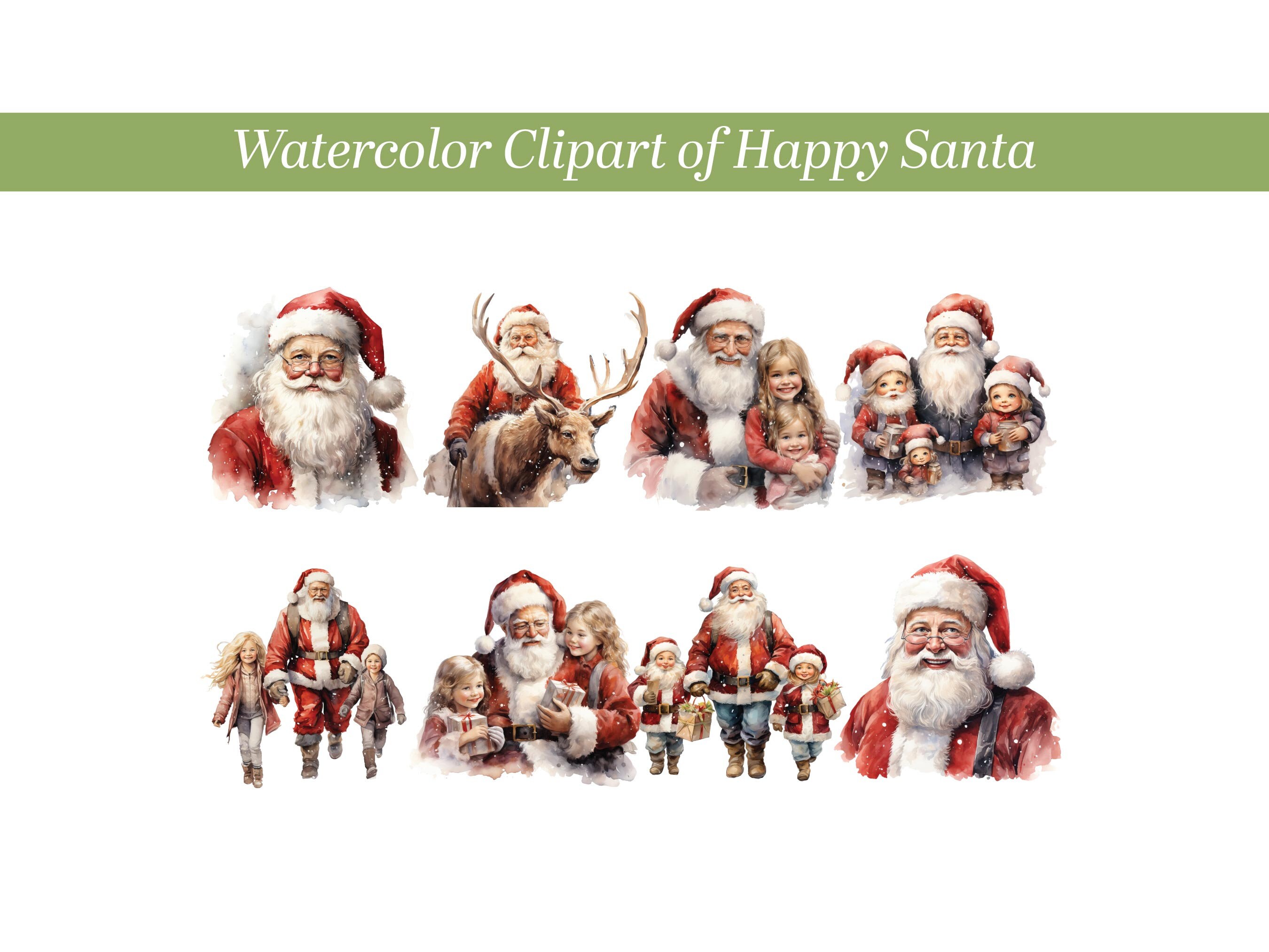 Watercolor Clipart of Santa and His Friends. Santa and His Reindeers ...