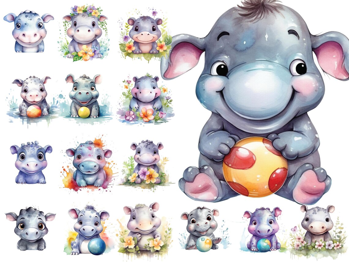 Watercolor Clipart of Beautiful Baby Hippos. Animal Clipart. Commercial ...